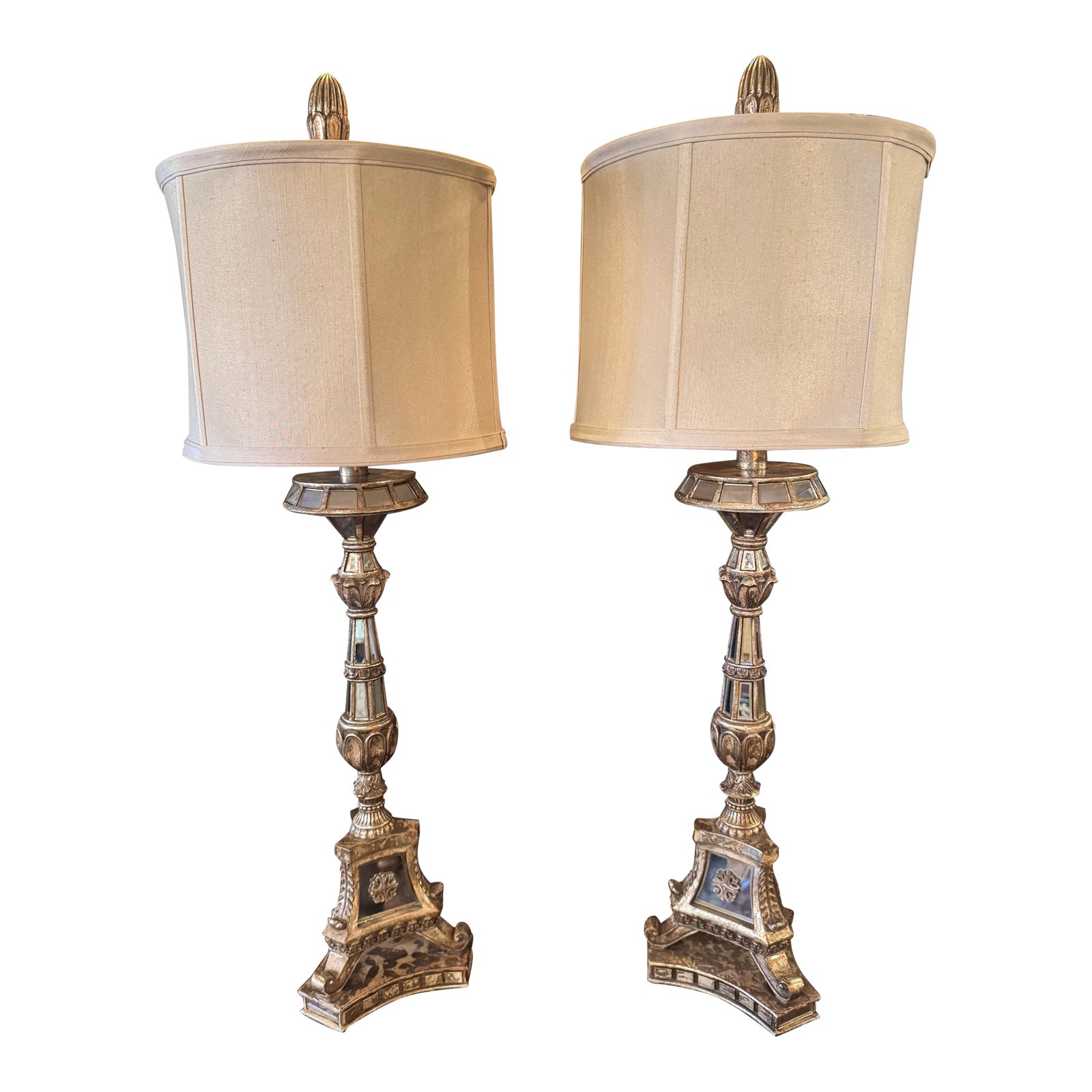 Pair of Mirrored Neoclassical Designer Lamps With Custom Shades | Chairish