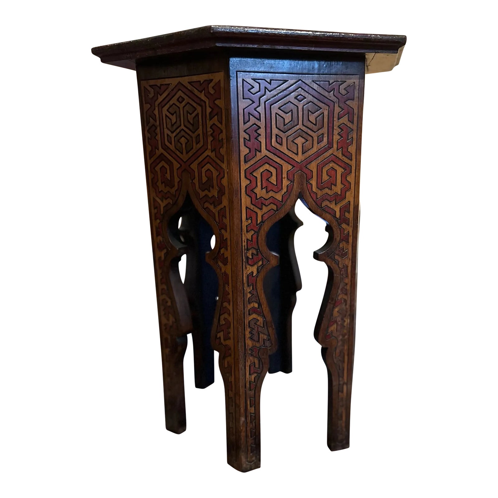 1920s Pyrography Hexagonal Side Table in Warm Reds and Browns. | Chairish