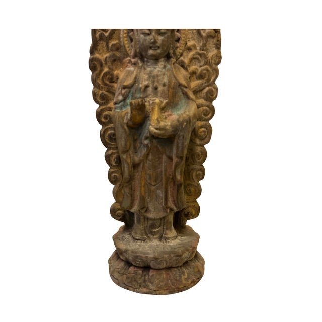 Chinese Rustic Wood Bodhisattva Kwan Yin Tara Standing Buddha Statue ...