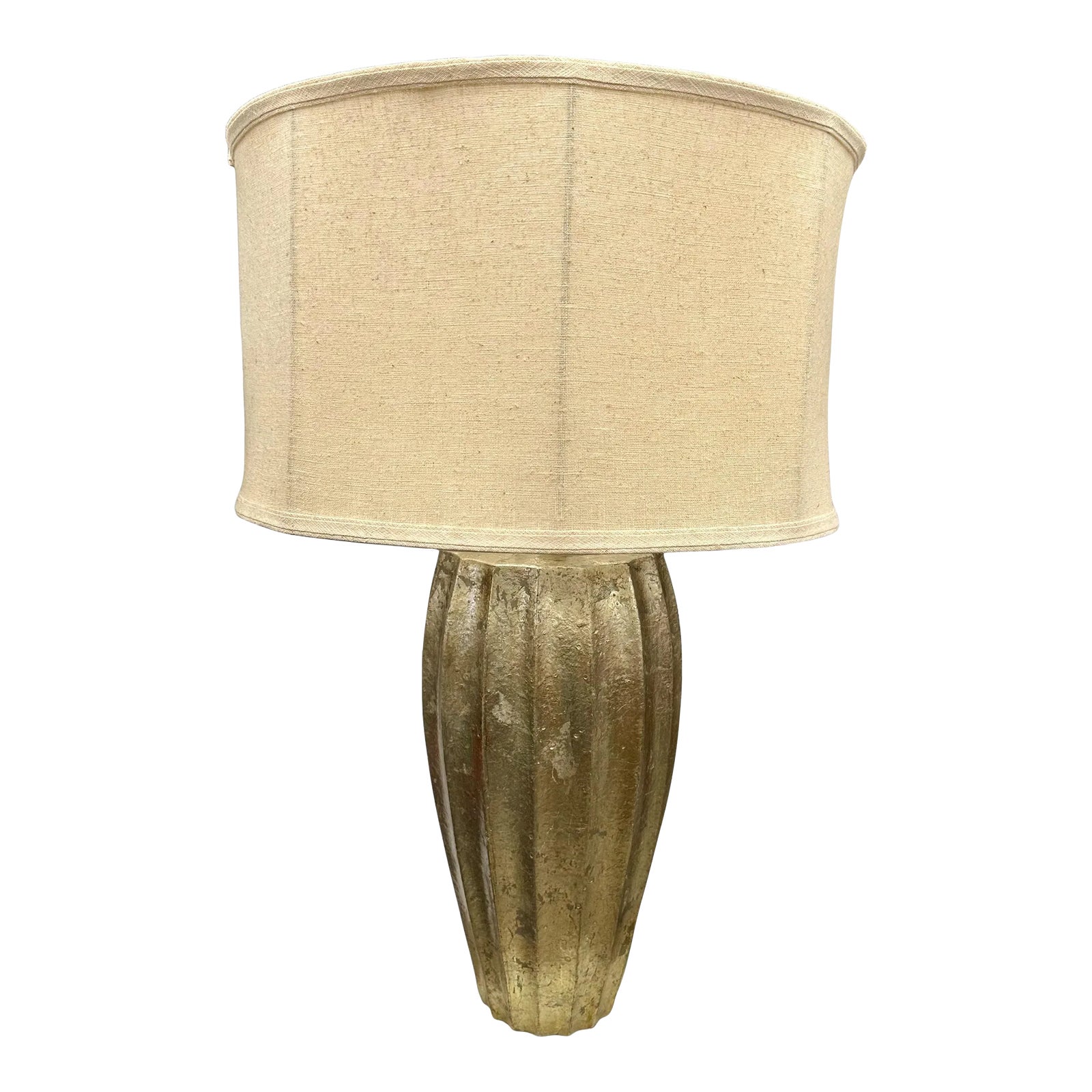 Vintage Gold Leaf Fluted Table Lamp With Linen Shade | Chairish