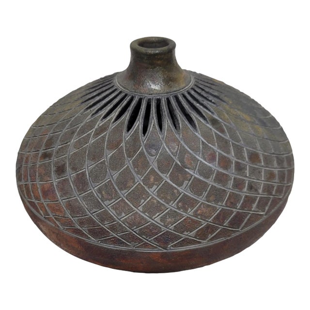Artist Signed Studio Pottery Incised and Pierced Raku Vessel | Chairish
