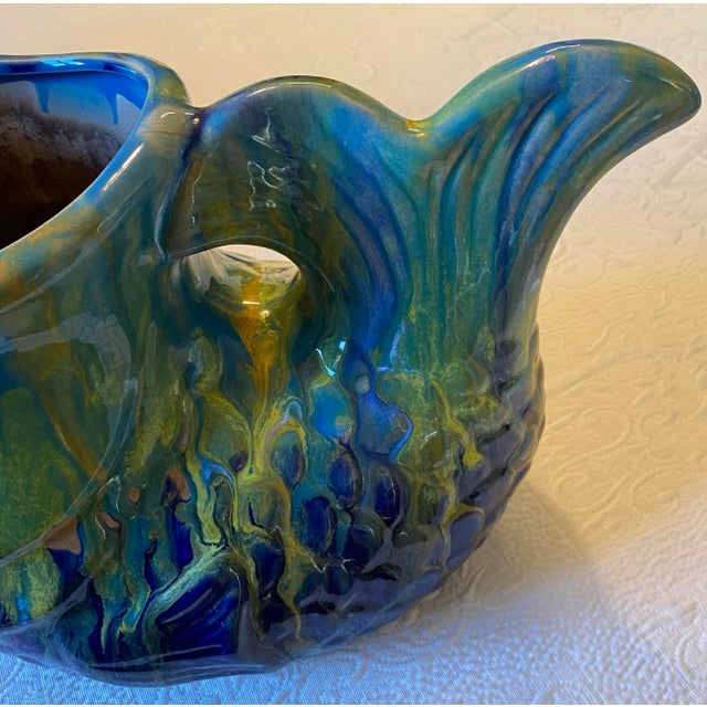 Vintage Large Glazed Green Blue Yellow Fish Planter Pot Vase From West ...