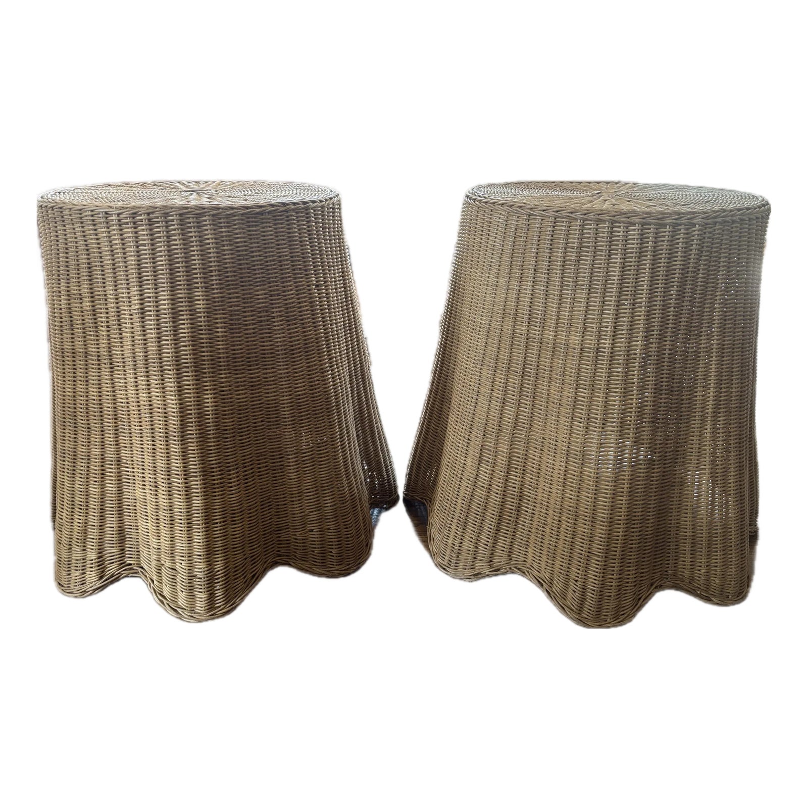 Pair Vintage Wicker Ghost Trompe L’oeil Draped Side Tables | Chairish