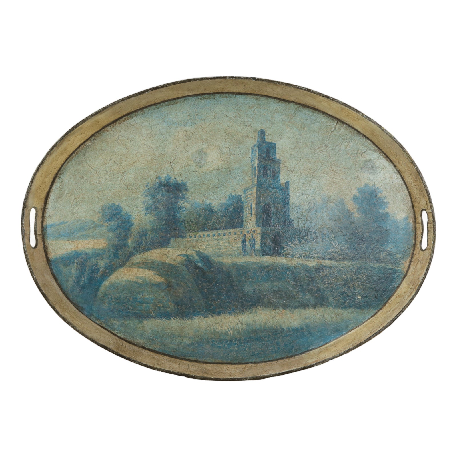 Vintage Hand Painted Tole Tray Blue and Cream Oval Landscape With Tower ...