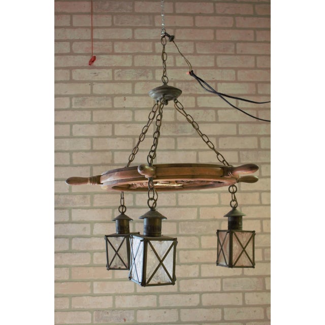 Nautical Style Ship Wheel With Three Hanging Lanterns Chandelier | Chairish