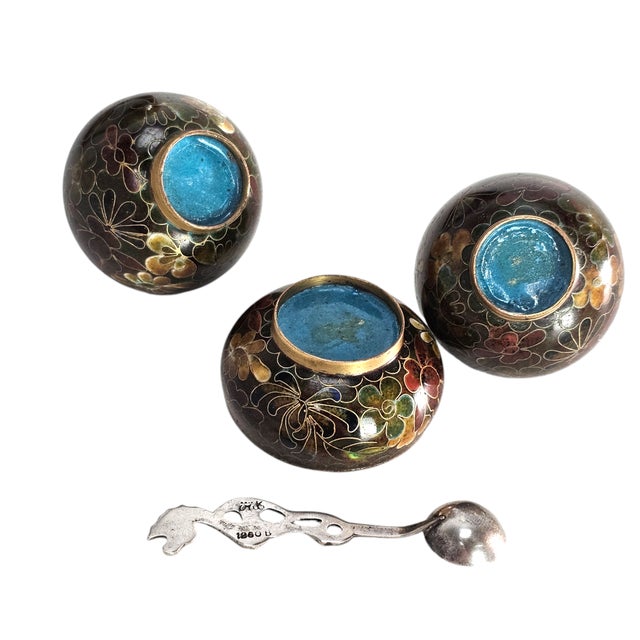 Chinese Cloisonné Salt & Pepper Shakers Salt Cellar and Spoon 2" | Chairish