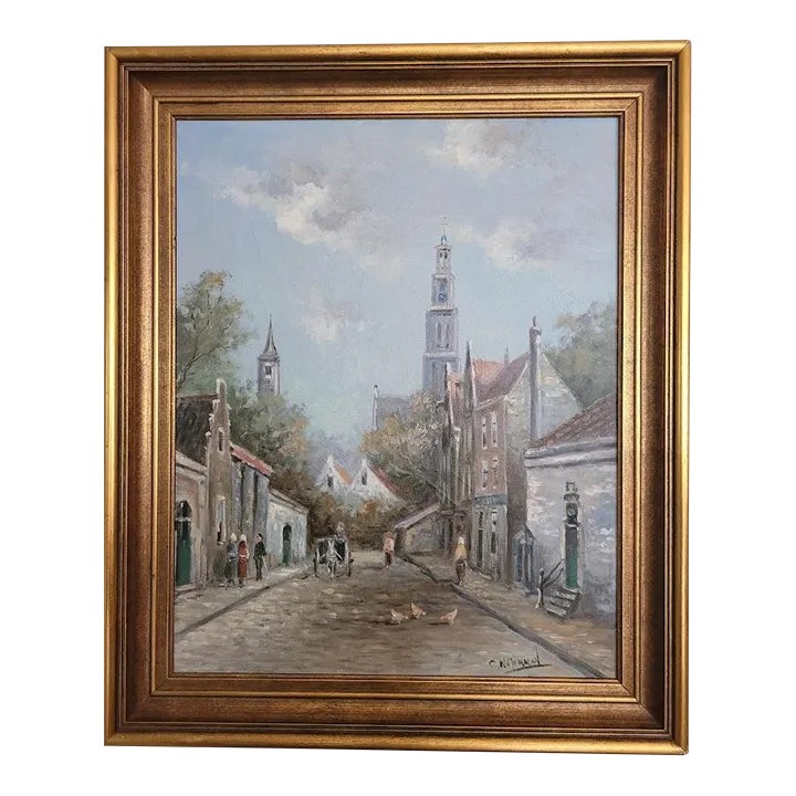 Early 20th Century Original Dutch Village Scene Framed Oil Painting on ...