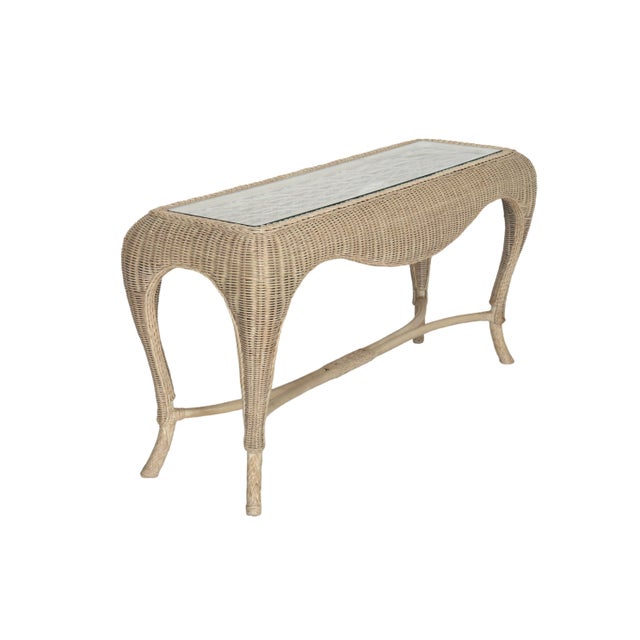 Sculptural Glass Top Wicker Console Table | Chairish