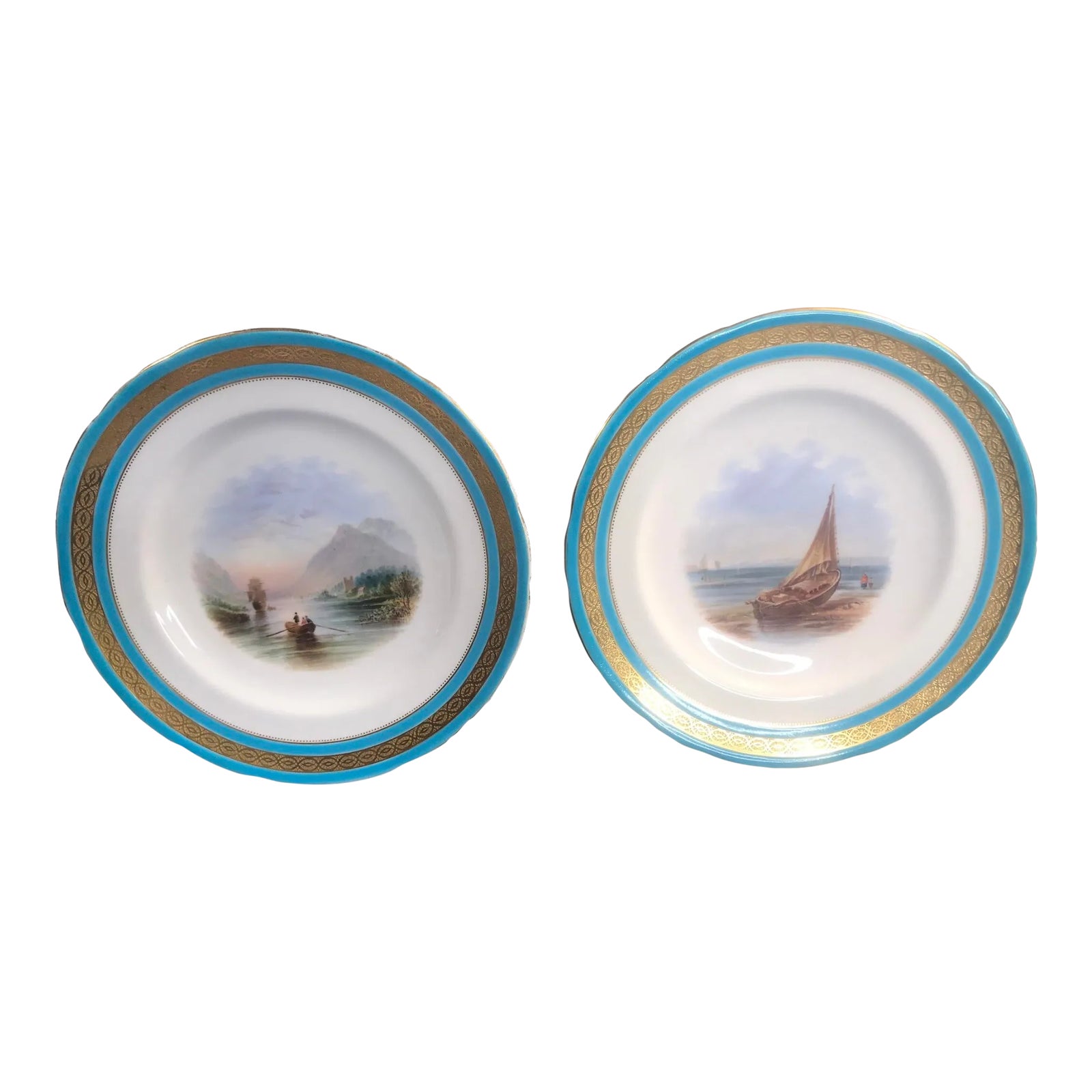 Pair of Antique English Porcelain Plates, Minton Marks, River View ...