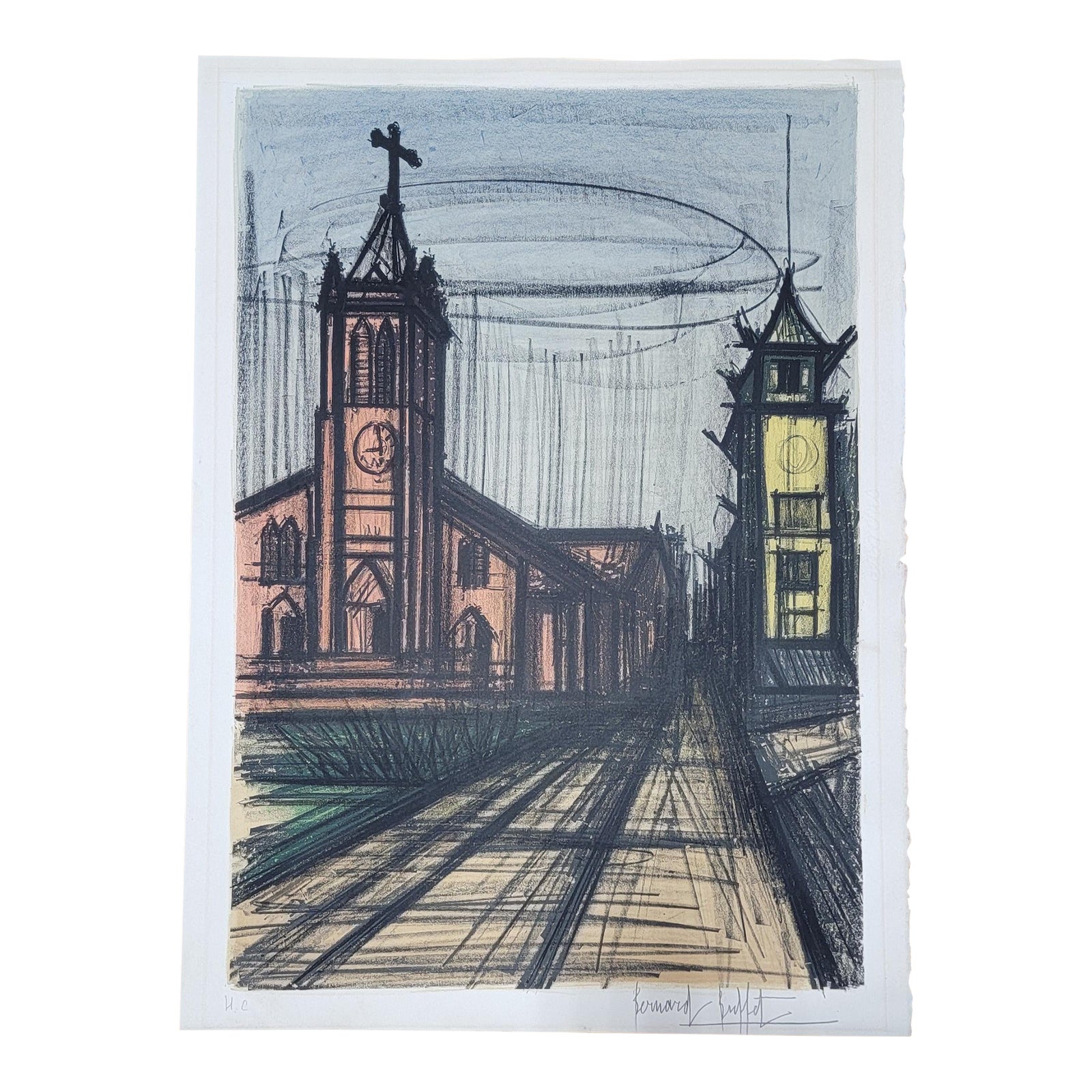 Bernard Buffet Pencil Signed Lithograph Church | Chairish