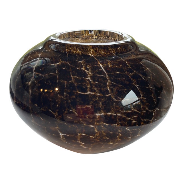 Vintage Undulating Art Glass Vase in Brown Tortoise | Chairish