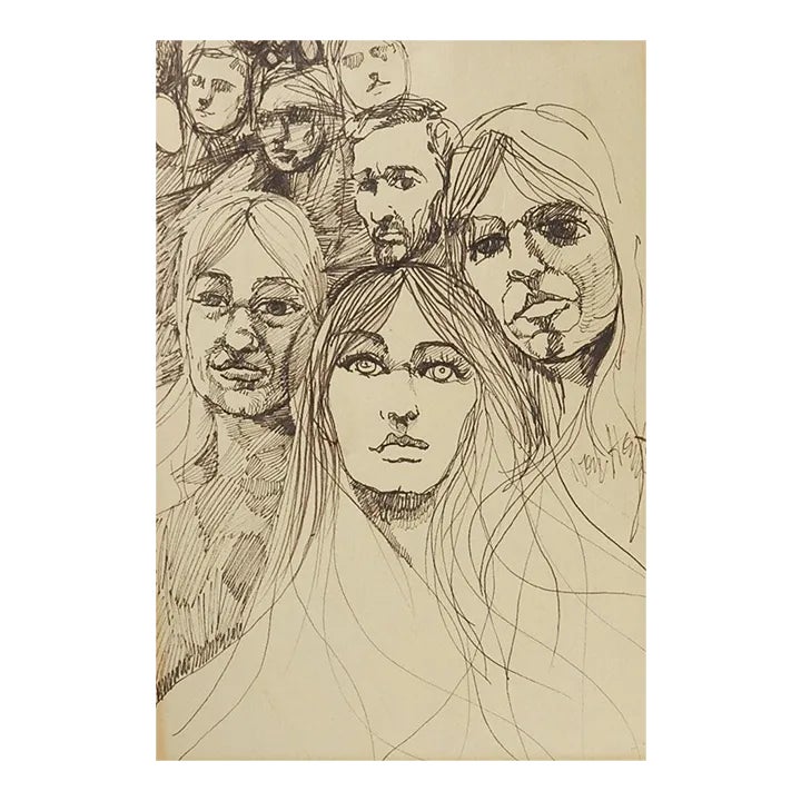 Vintage Mid 20th Century Jacque Von Honts Faces Drawing | Chairish