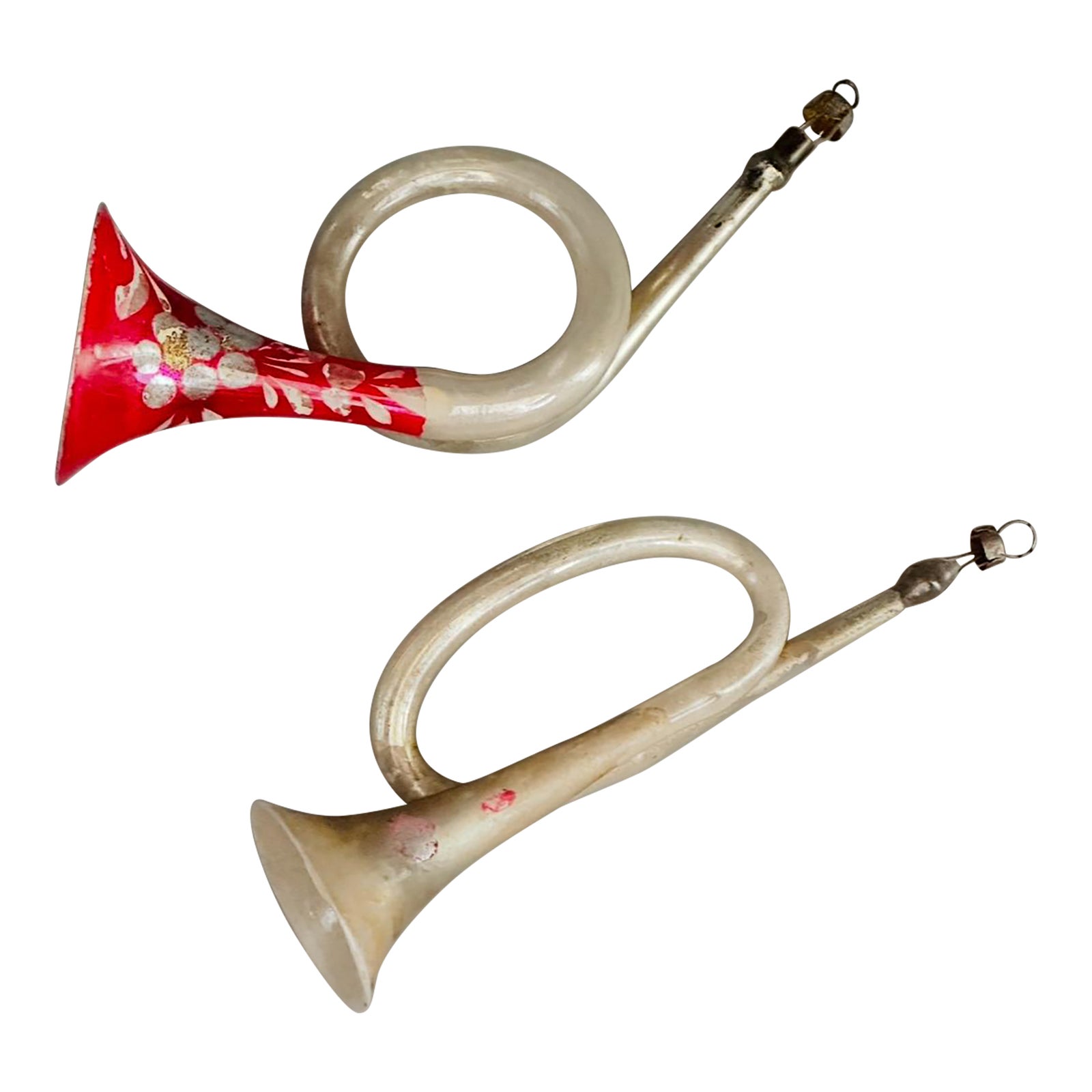 1920's Pair of German Glass Trumpet Ornament With Floral Decoration ...