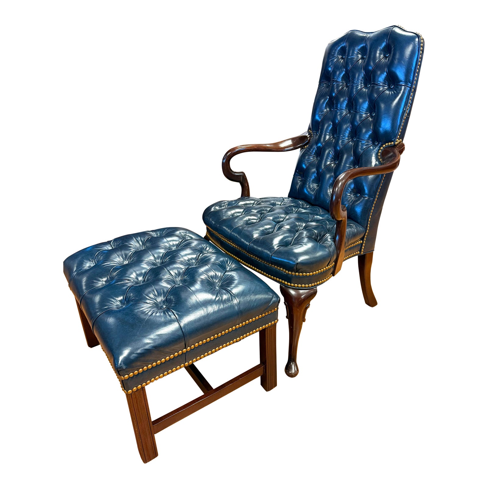 Hancock & Moore Tufted Blue Leather Arm Chair and Ottoman 2 Pcs. | Chairish