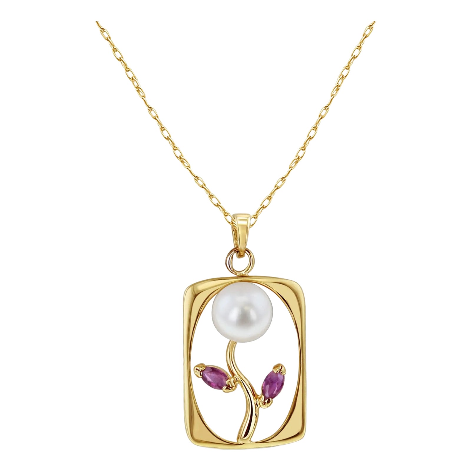 Pearl & Ruby Shaped Flower in Gold Frame 14k Yellow Gold 16" | Chairish