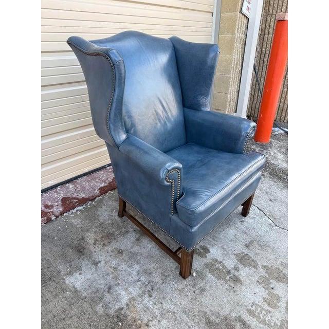 Ethan Allen Chippendale Style Blue Leather Wingback Armchair With Ottoman Chairish