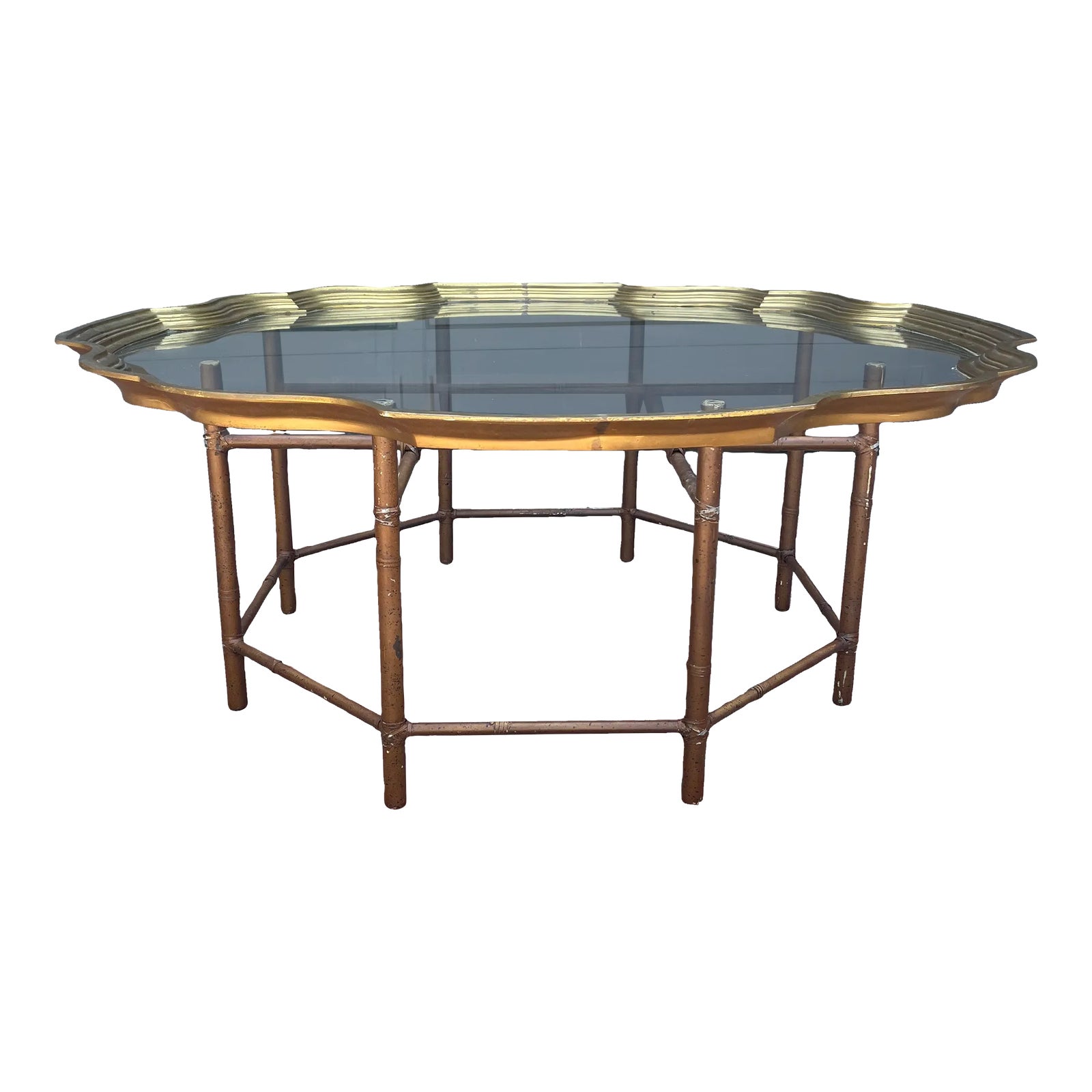 Vintage Cocktail Table With Brass Rimmed, Scalloped Glass and Bronze ...