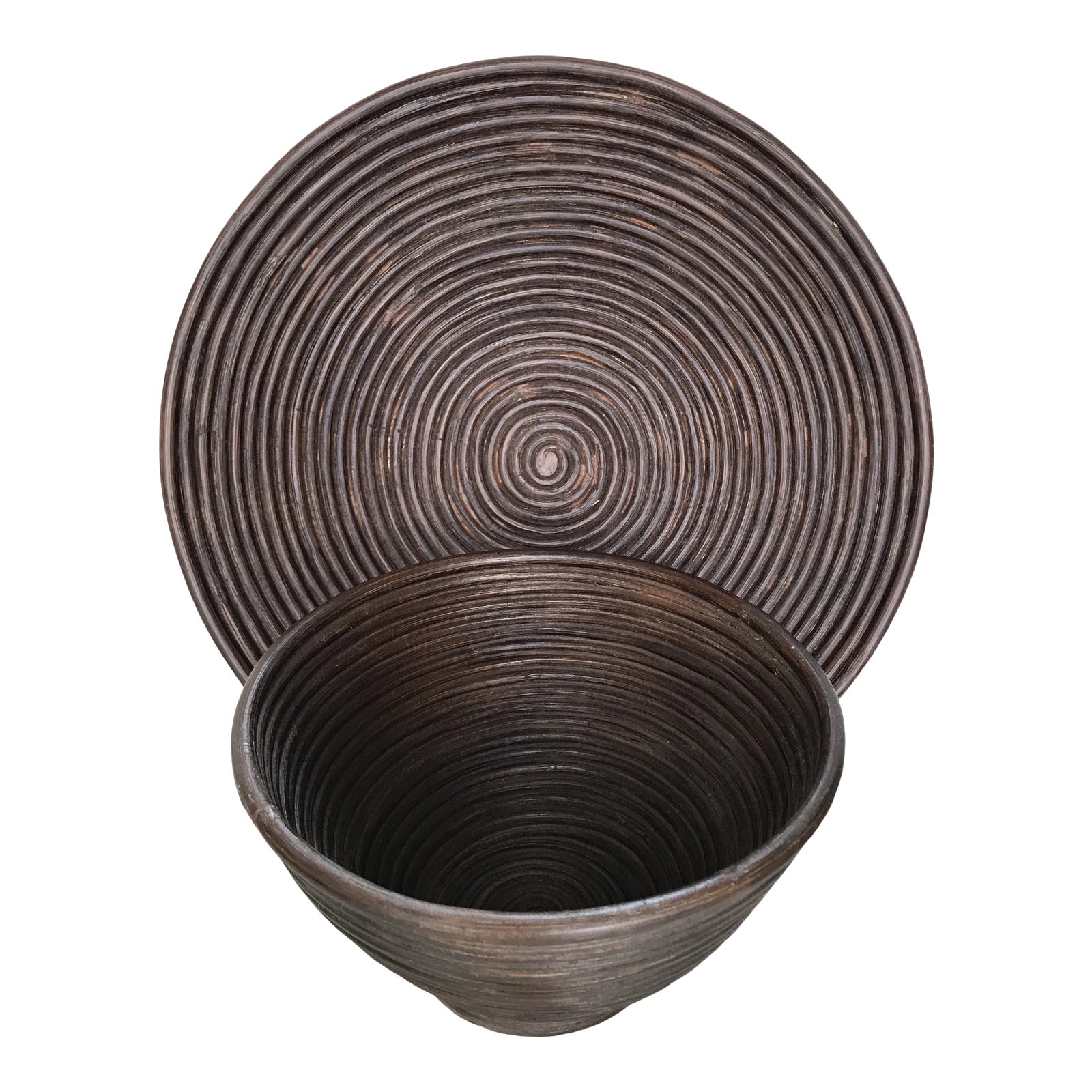 Vintage 1970s Coiled Bent Bamboo Pencil Reed Bowl & Plate - Pair | Chairish