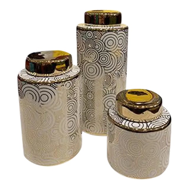Asian Circle Print Golden Vase-3 Pieces a Set | Chairish