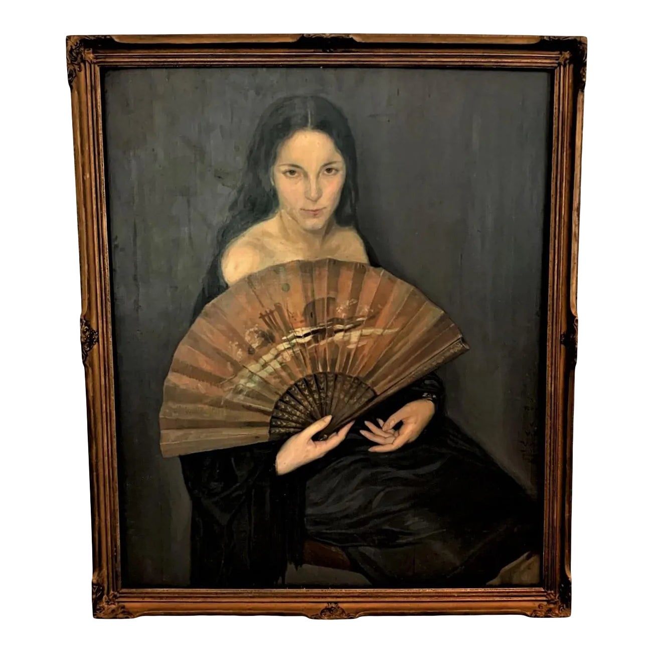 Vintage Argentinian Lady With a Fan Painting Signed V. E. R., Framed ...