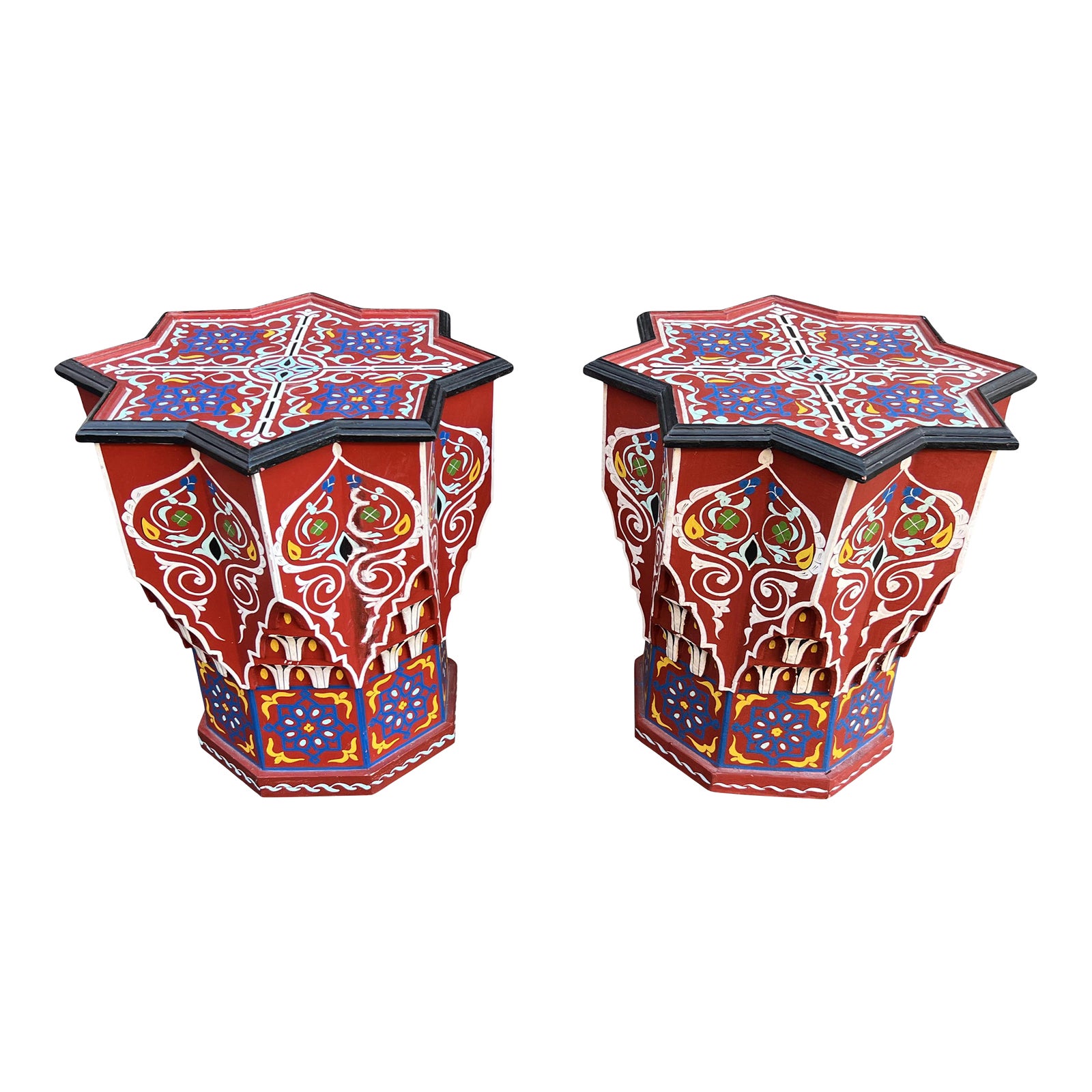Late 20th Century Moroccan Large Hand Painted Carved Star Tables, Multi ...