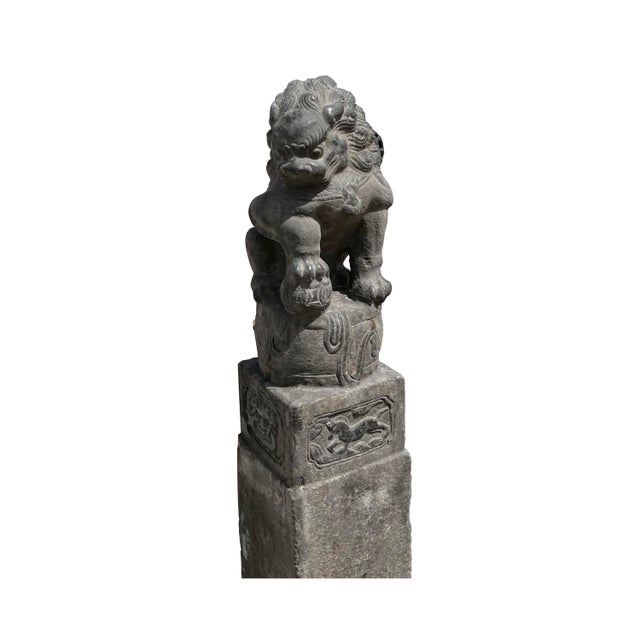 Chinese Pair Gray Stone Fengshui Foo Dogs Lion Slim Pole Statues | Chairish
