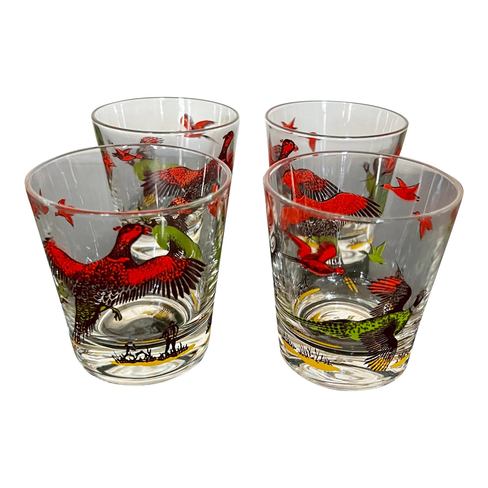 Vintage Pheasant Hunting Lowball Glasses, Set of 4 | Chairish