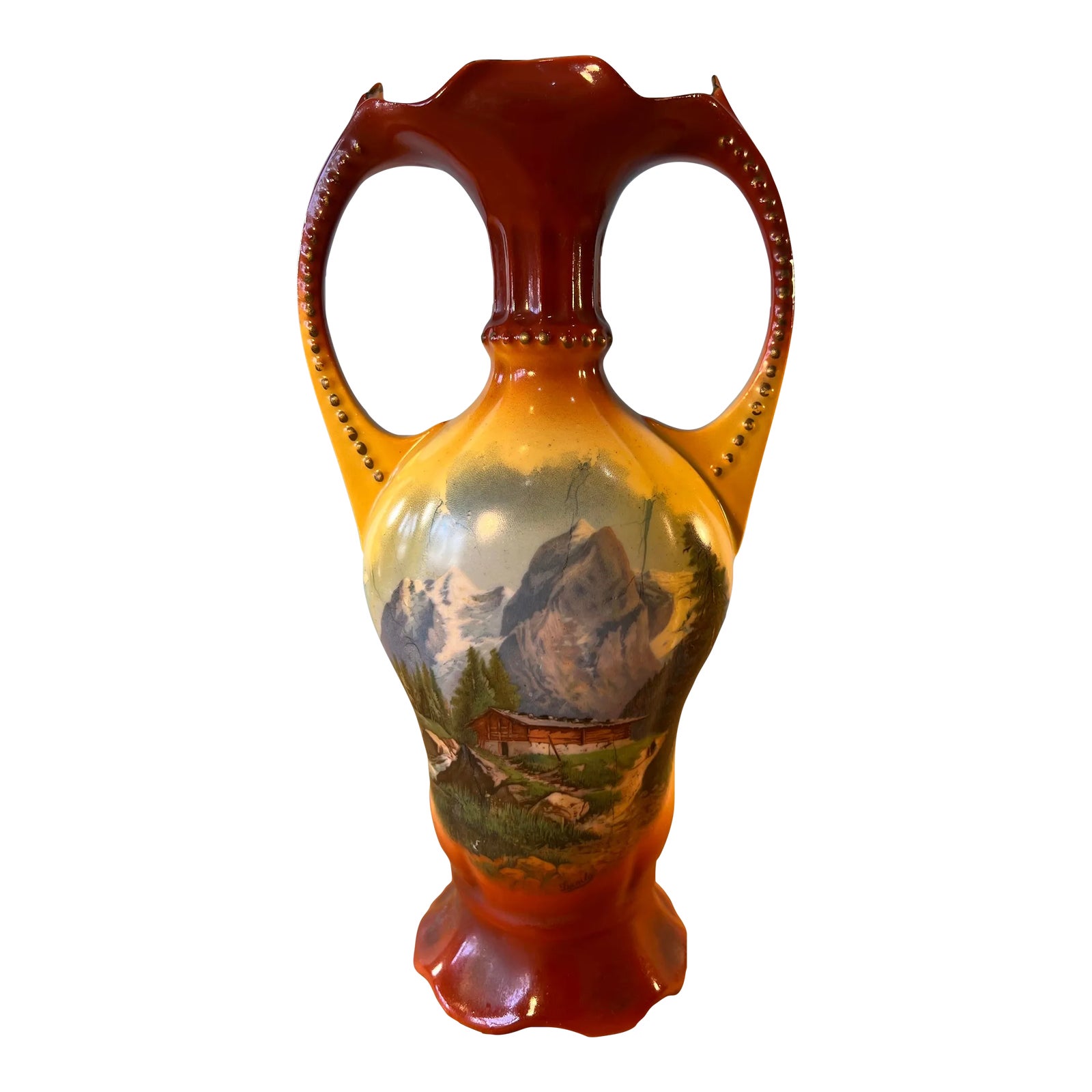 Antique German Ceramic Vase Danilo Artist Signed Mountain Cabin Scene ...