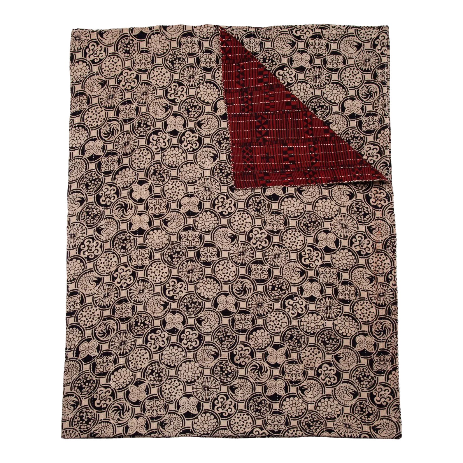 Mariposa Reversible Hand-Stitched Quilt, Queen - Black & Maroon | Chairish