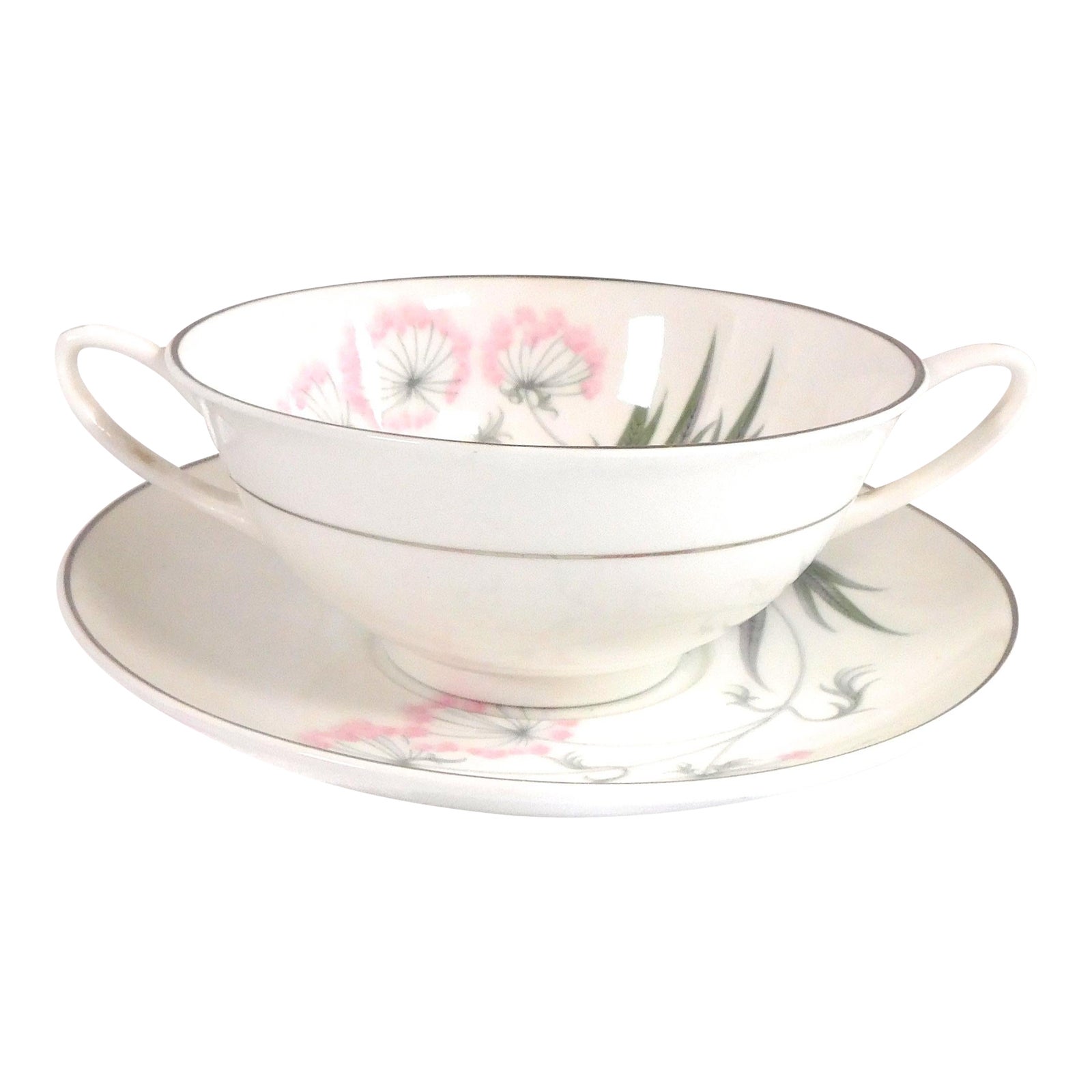 1950s Shelley Two Handle Bullion Cup and Underplate in Pastoral | Chairish