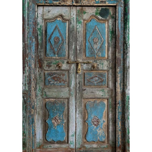 Antique Indian Door With Frame Blue Teak Exterior Doors | Chairish