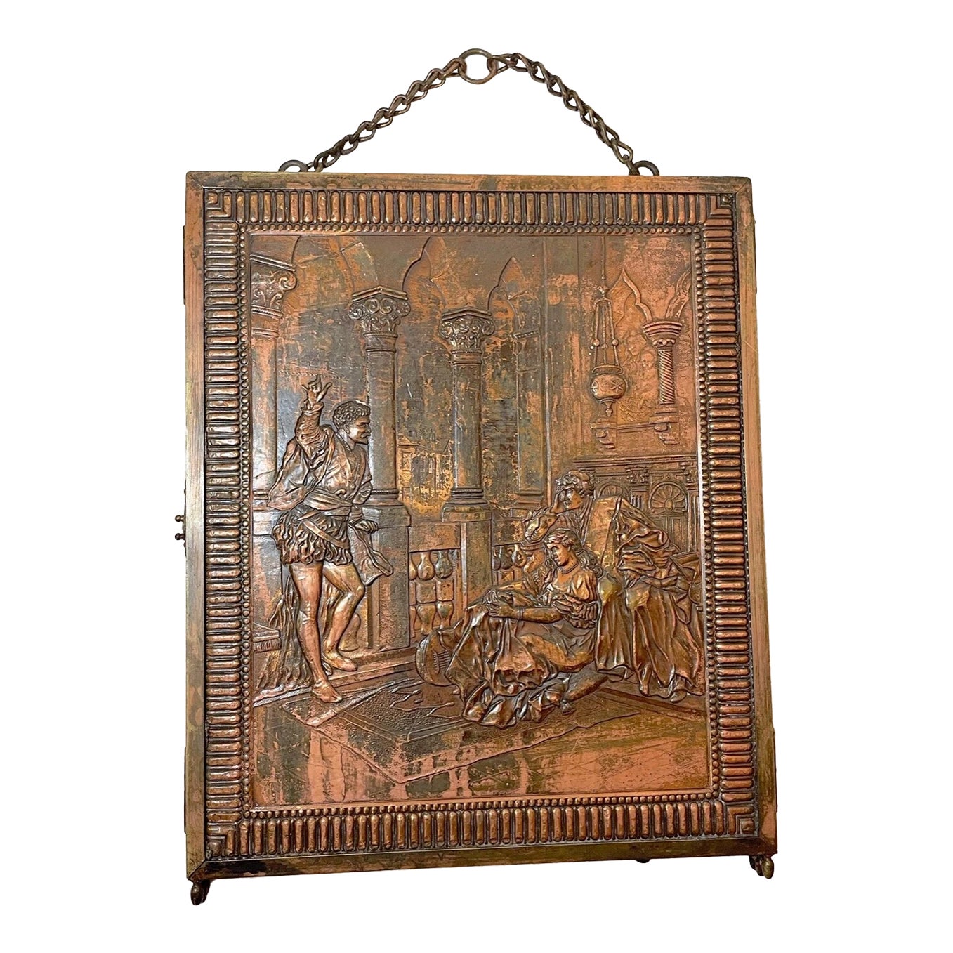 Antique Relief Figural Copper Triptych Panel Folding Table Vanity ...