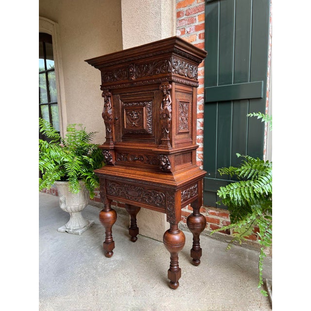 Antique French Renaissance Cabinet Server Carved Oak Bookcase Sideboard ...