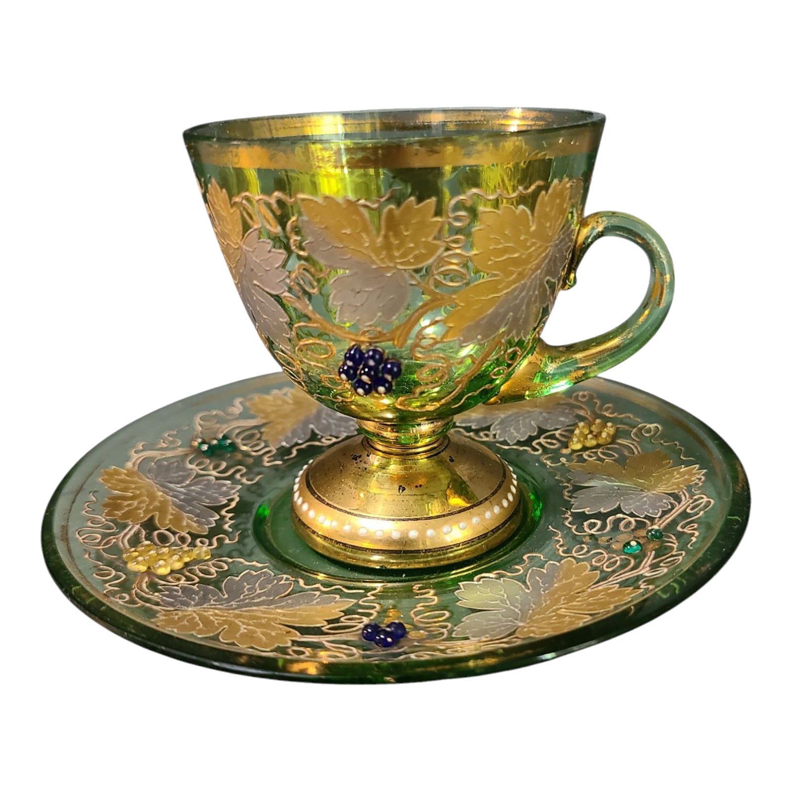 Antique Moser Footed Cup & Saucer Green Glass Heavily Gilded Grapes ...