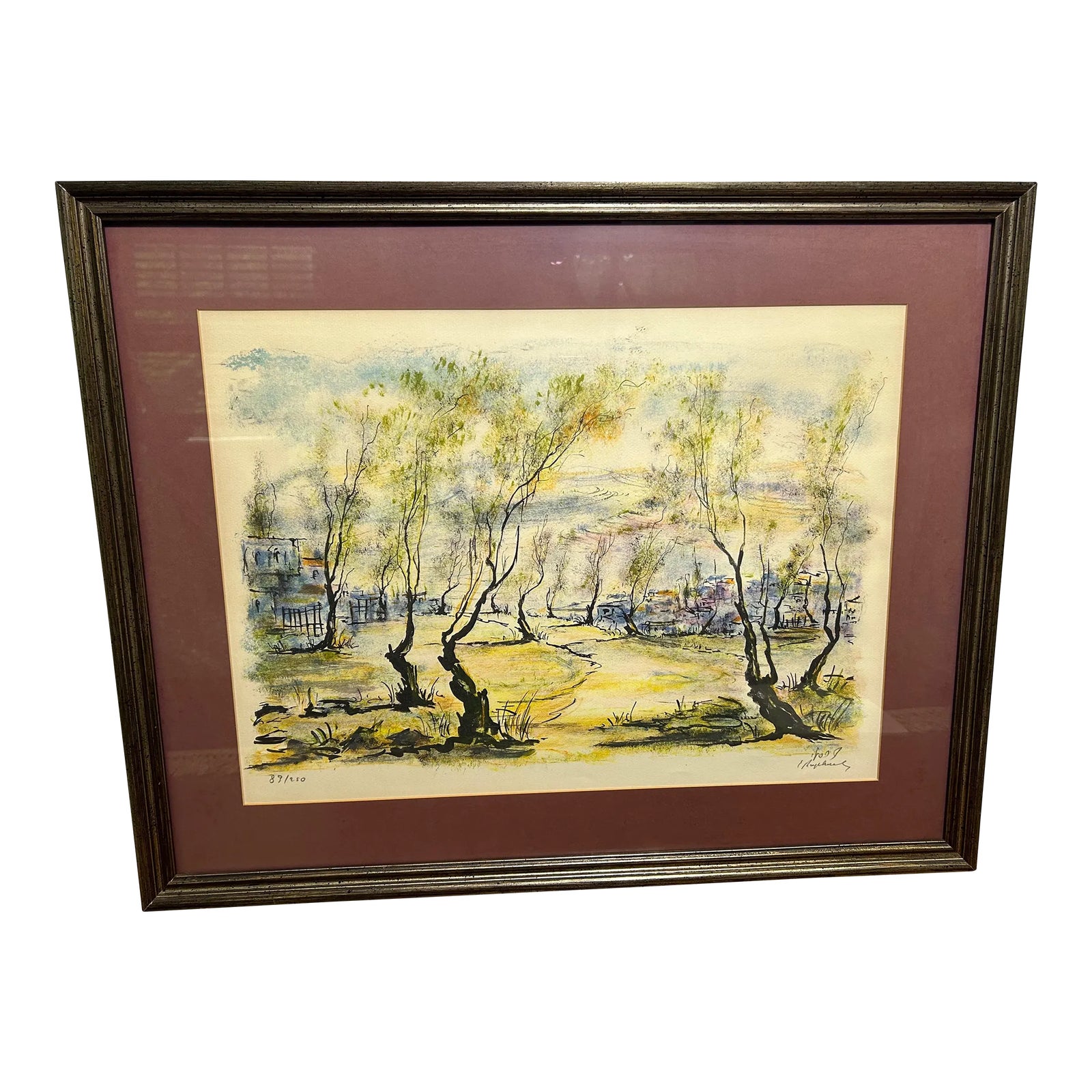 1950s Vintage Landscape Watercolor Lithograph, Framed | Chairish
