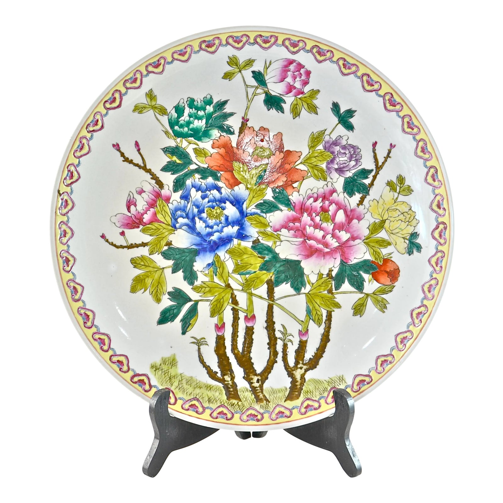 Chinese Hand Painted Floral Charger With Stand | Chairish
