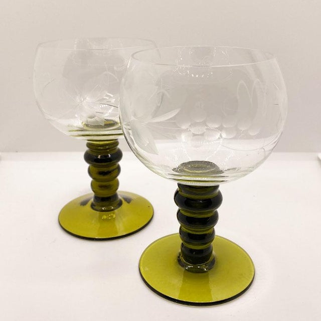 Vintage Green Etched Wine Glasses Pair Chairish