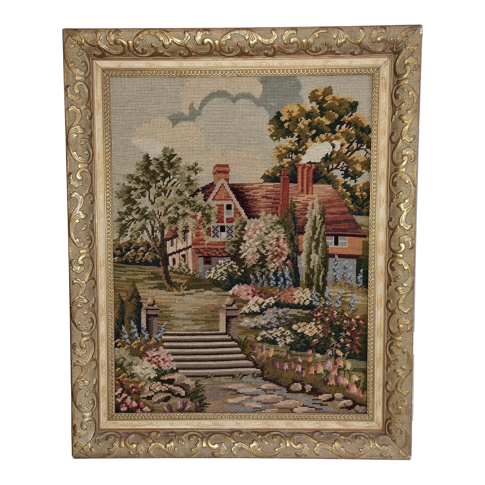 Antique Handmade Gobelin Large Victorian Needlepoint Cottage Scene Wall ...