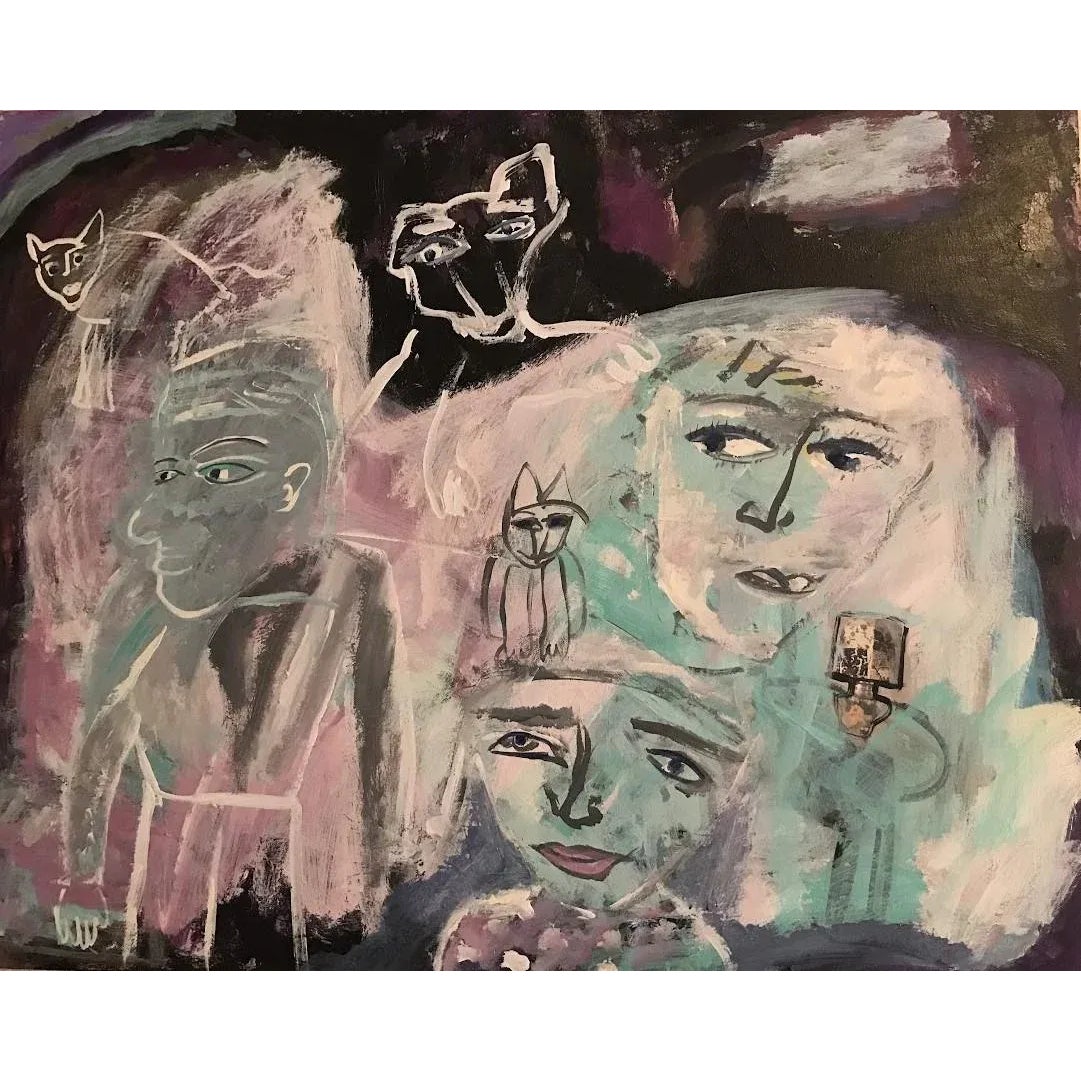 Original Naive Figurative Abstract Acrylic Painting, "Listening" | Chairish