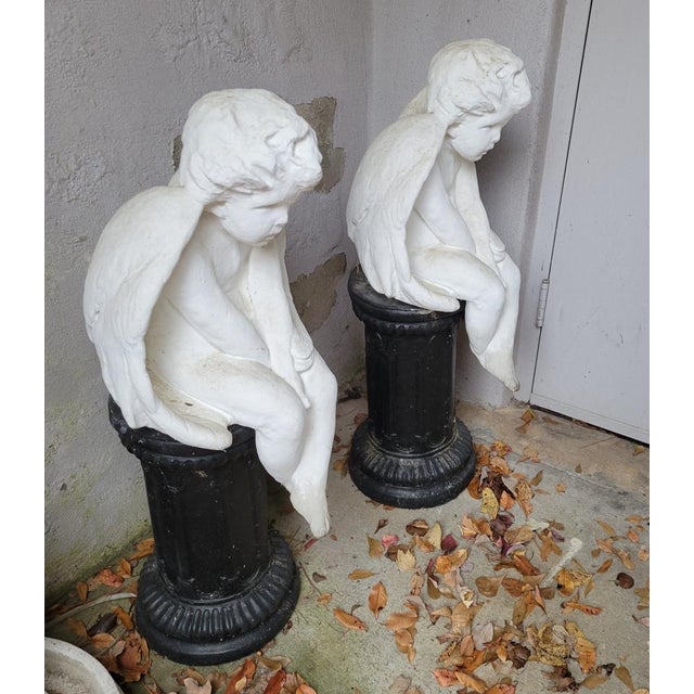 Vintage Concrete White Angels Putti Statues on Black Columns - a Pair ...