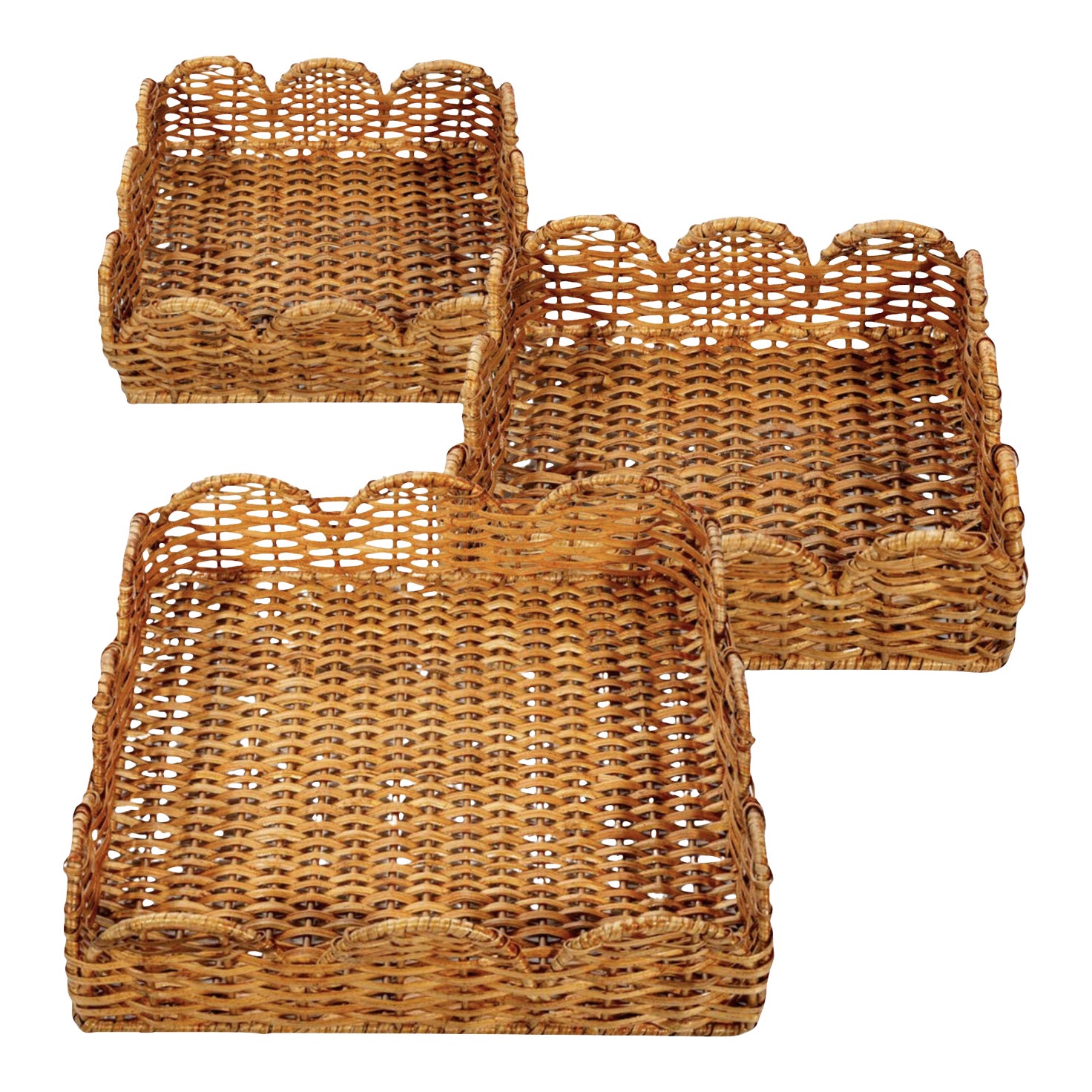 Scalloped Square Wicker Trays, Set of 3 | Chairish