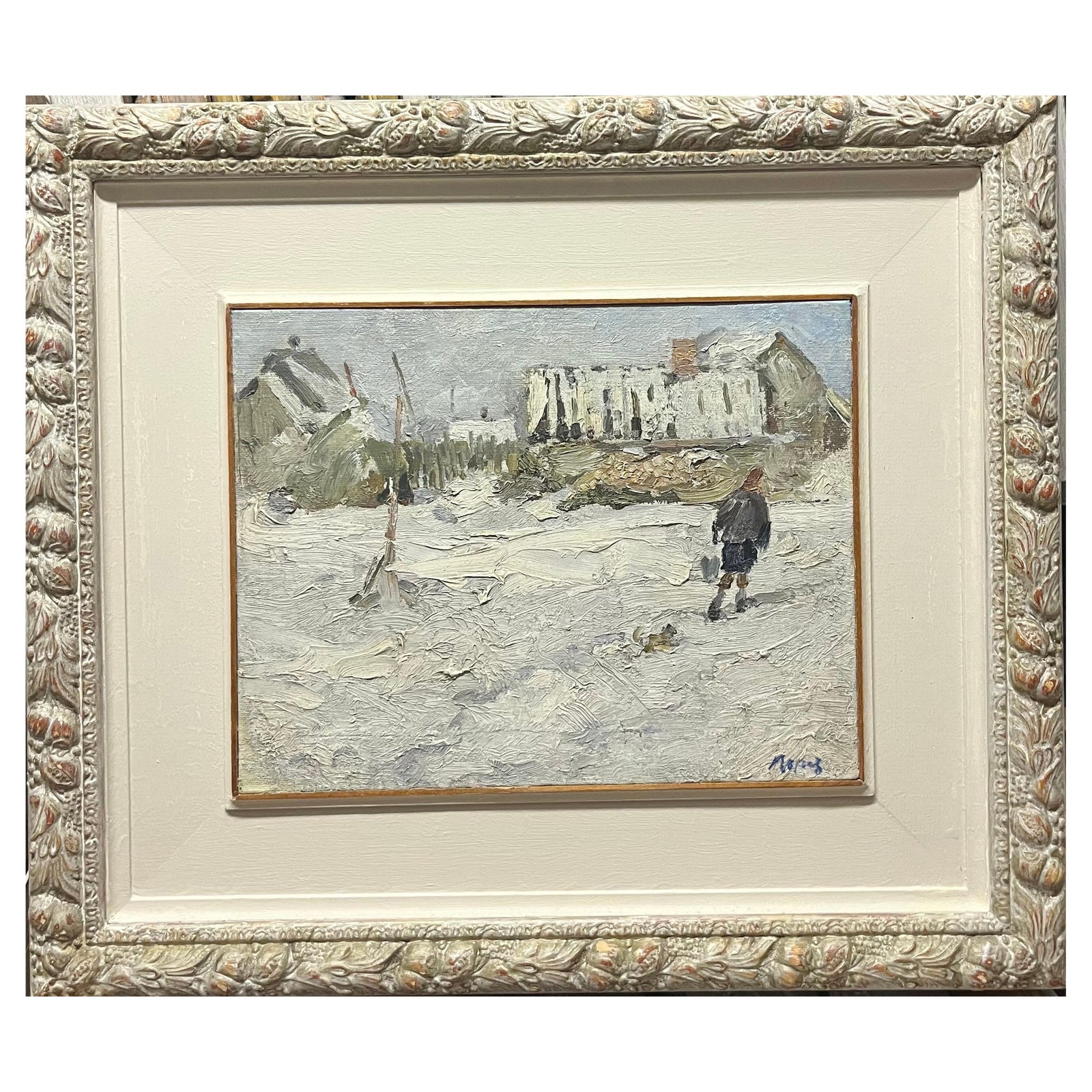 Georgij Moroz, Woman and Dog in the Snow, 1977, Oil Painting, Framed ...