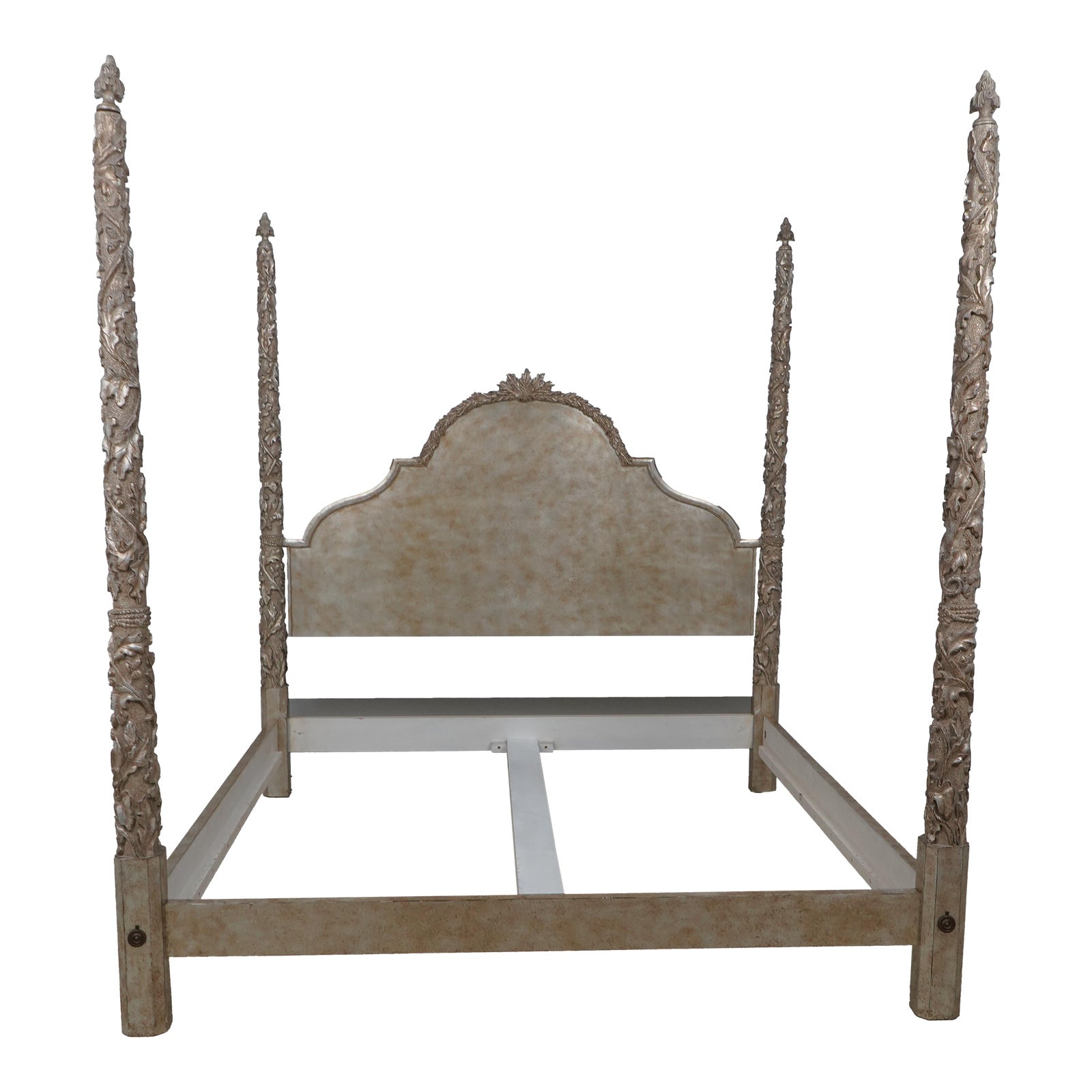Decorator King Size Silver Leaf Finish Carved Post Poster Bed | Chairish