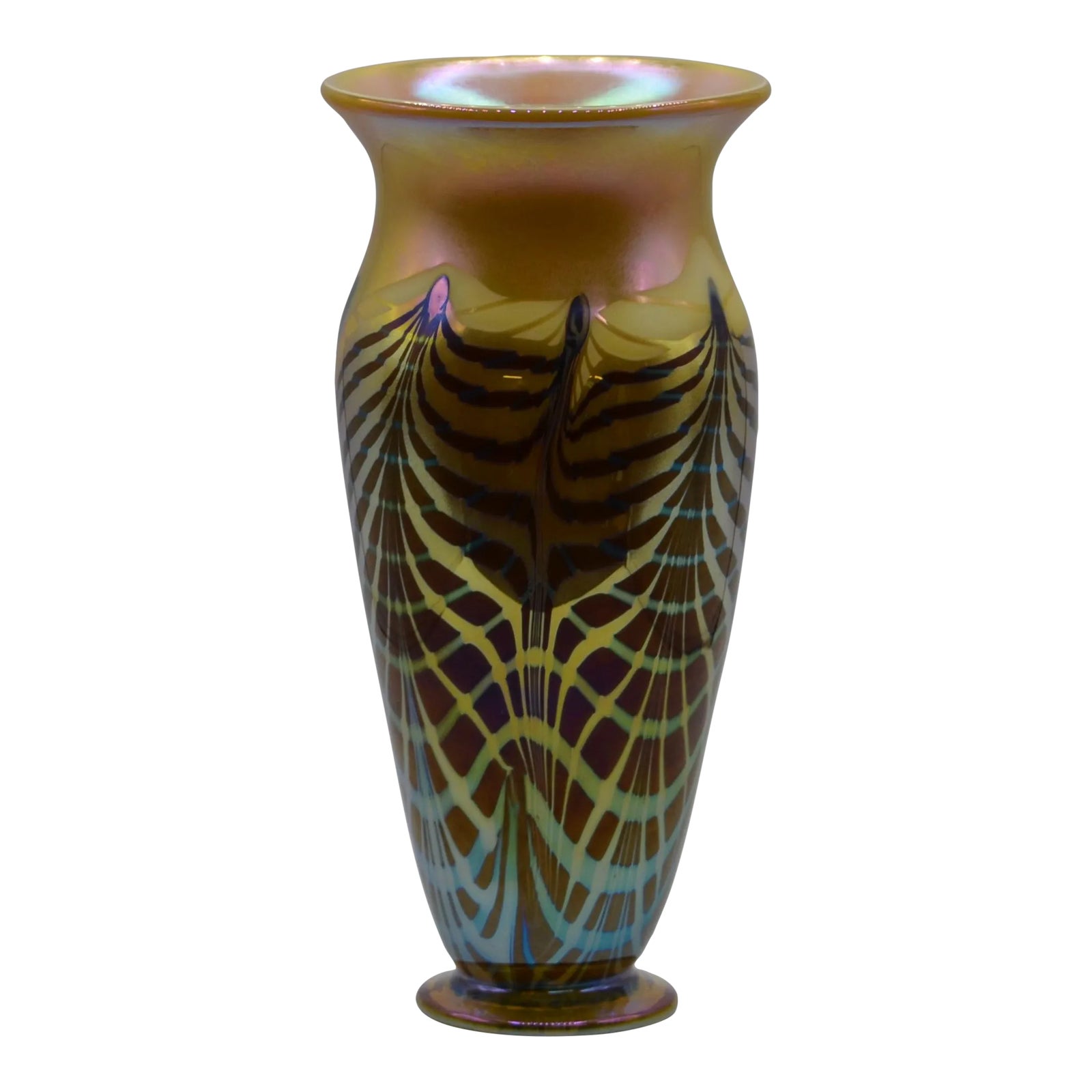 Rick Strini 1997 Art Glass Pulled Feather Amber Iridescent Flower Vase ...