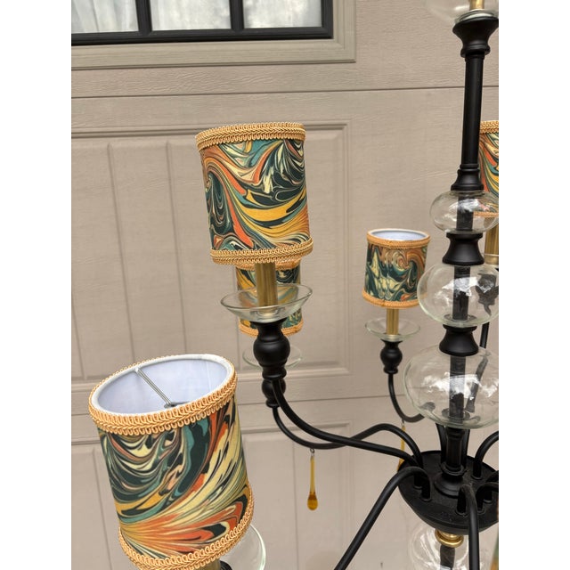 Vintage Chandelier With Marbleized Shades and Amber Crystals | Chairish