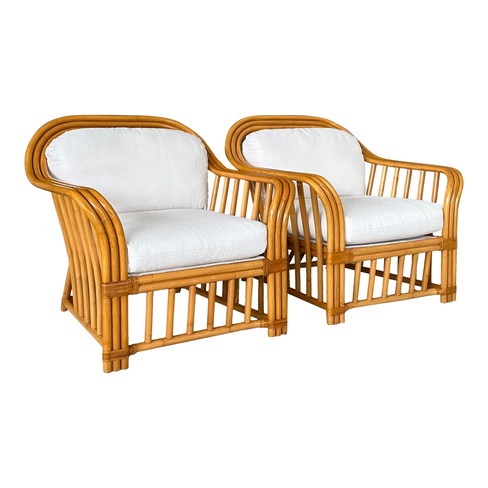 Vintage Coastal Three Band Bent Rattan Custom Upholstered Lounge Chairs ...