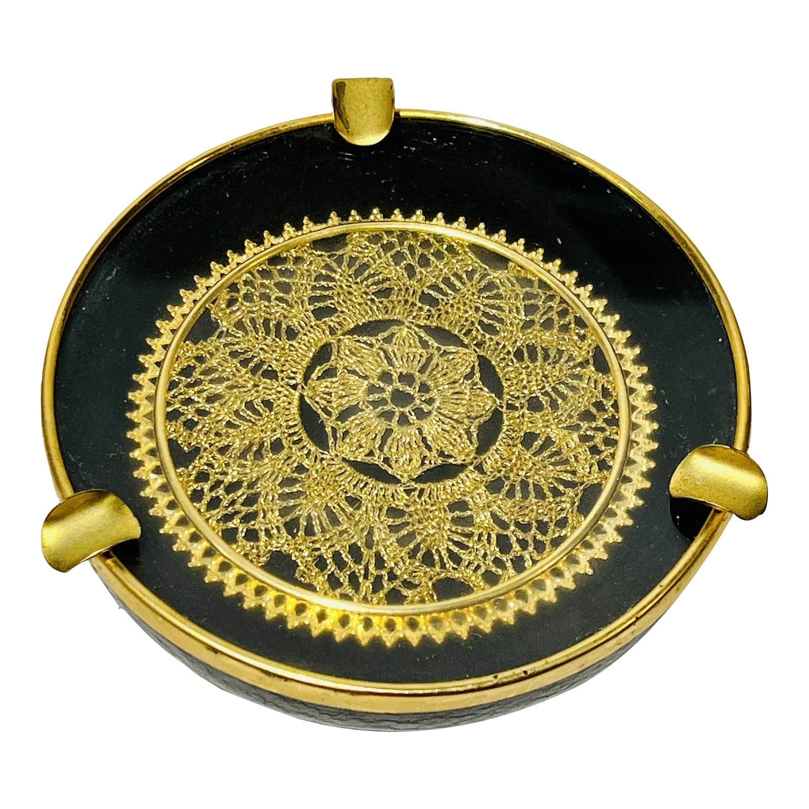 Vintage 1960s Brass Filigree Crocheted Ashtray Catchall | Chairish