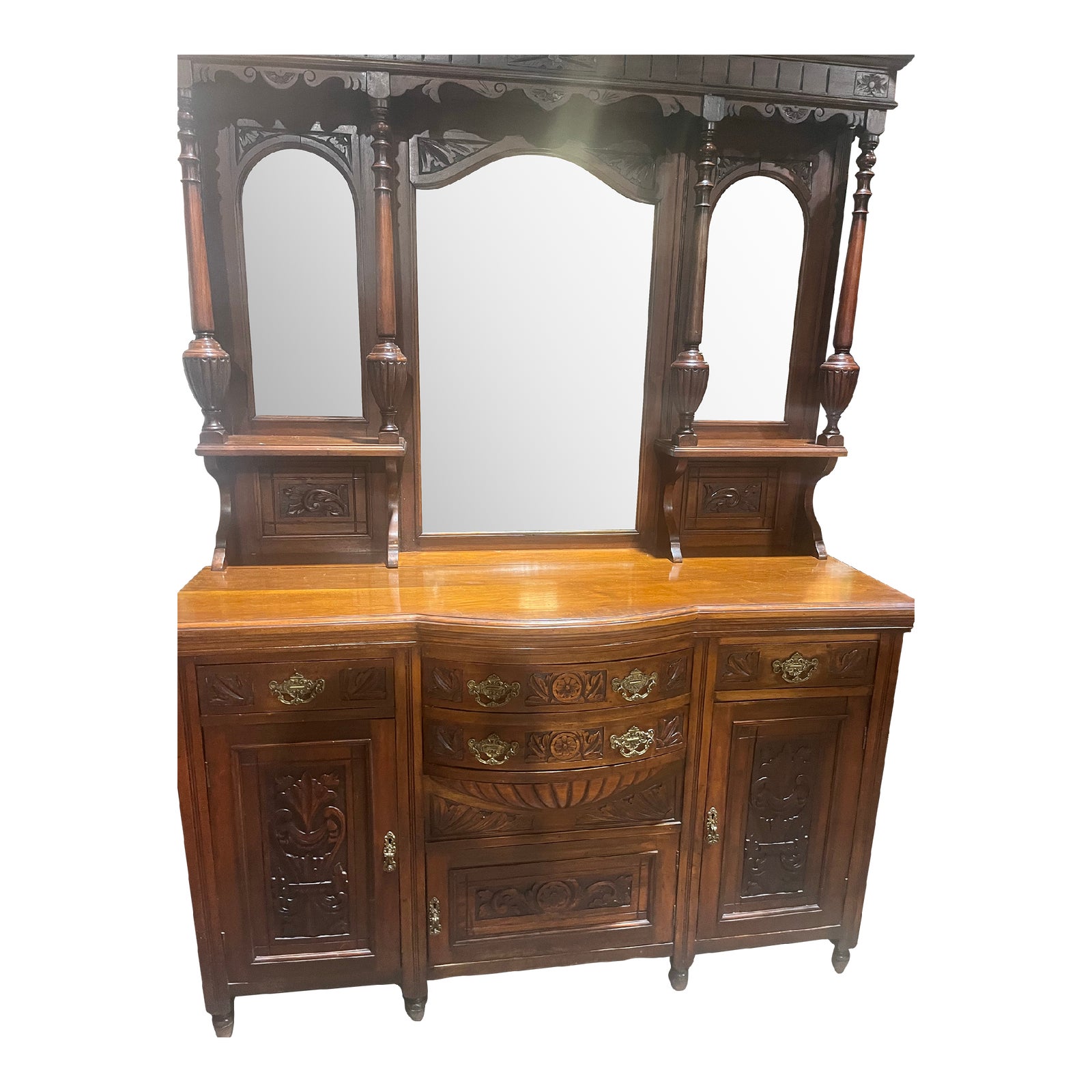 Antique Sideboard With 3 Original Silver Back Mirrors | Chairish