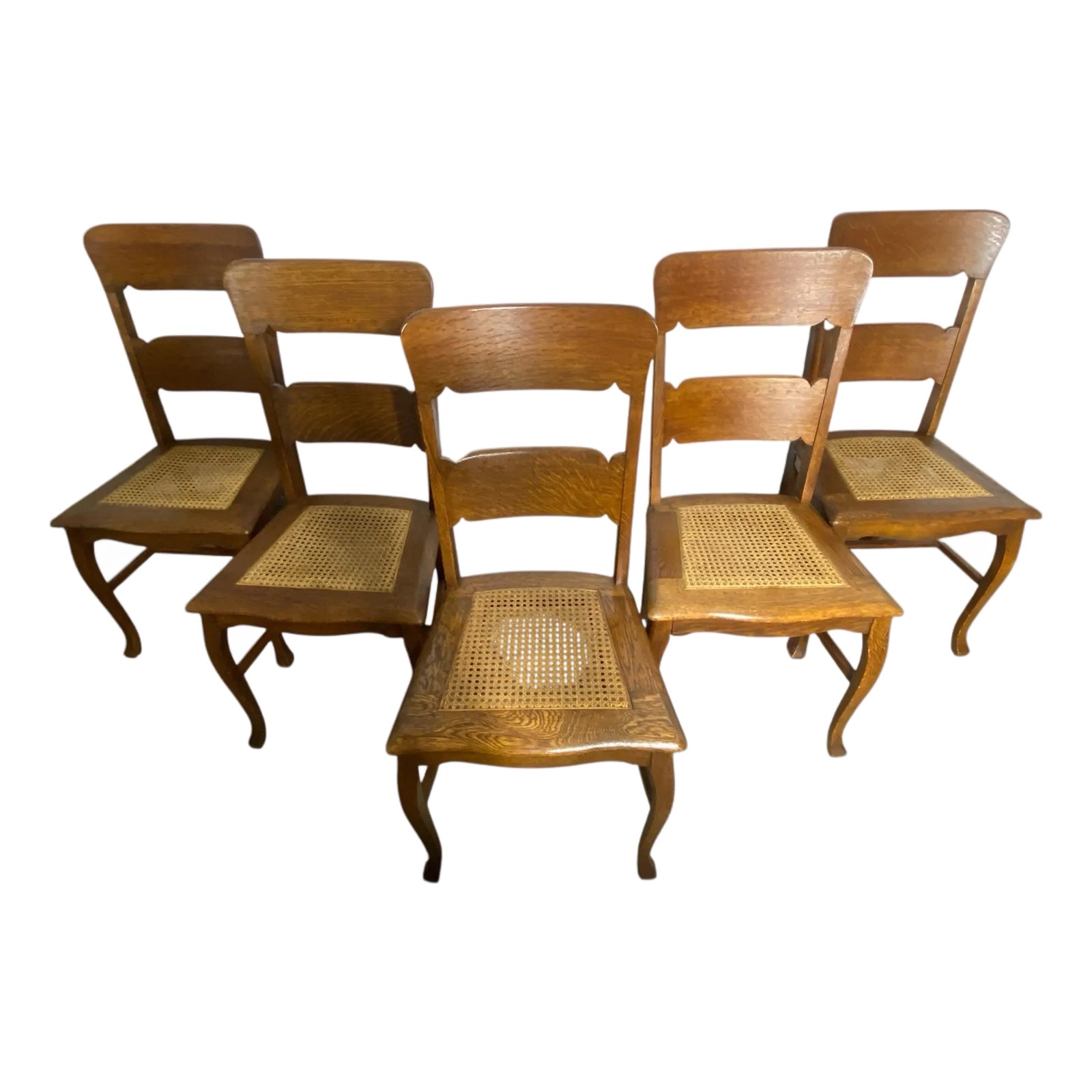 Solid Wood Antique Oak Dining Chairs With Cane Seats Set of 5 — Antique ...