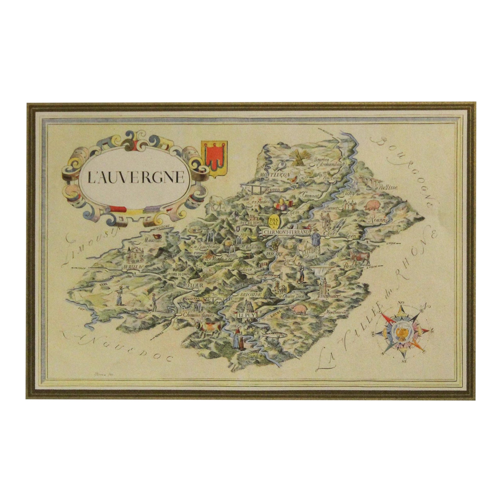 1960's Original French Vintage Mini Map, l'Auvergne (Horizontal) | Chairish